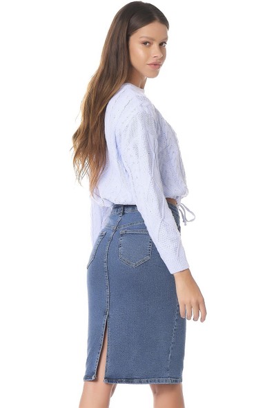 Its Basic Kadın Mavi Renk Slim Fit Yüksek Bel Arkadan Yırtmaçlı Jean Etek