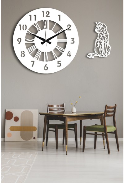Lupokraft Dekoratif Aynalı Duvar Saati 50 x 50 cm + Kedili Tablo