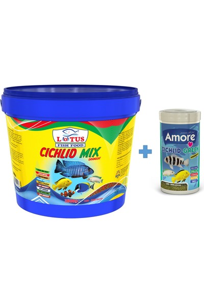 Lotus Cichlid Mix Kova + Amore Cichlid Green Granules 1000ML Kutu Balık Yemi Lotus Cichlid Mix Kova + Amore Cichlid Green Granules 1000ML Kutu Balık Yemi