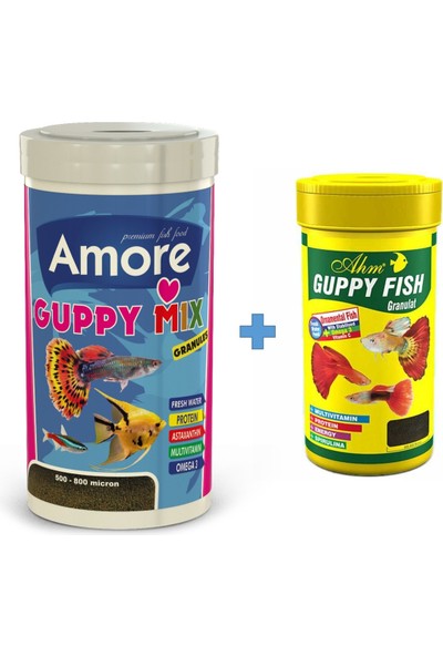 Amore Guppy Mix Granules 1000ML + Ahm Guppy 250ML Lepistes Moli Kılıç Melek Tetra Akvaryum Balık Yemi Amore Guppy Mix Granules 1000ML + Ahm Guppy 250ML Lepistes Moli Kılıç Melek Tetra Akvaryum Balık Yemi