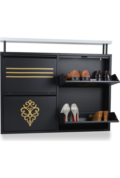 Ata Group 2+2 4 Kapaklı Metal Ayakkabılık Siyah Otantik Gold Desenli