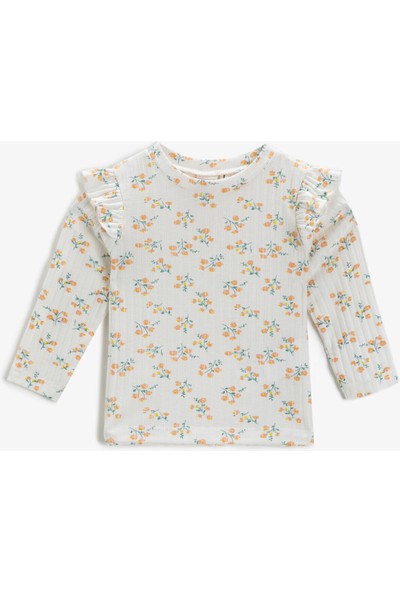 Koton Çiçekli Tişört Fırfırlı Uzun Kollu Bisiklet Yaka