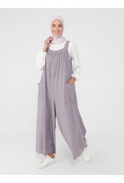 Benin Kalın Askılı Düğme ve Cep Detaylı Salaş Tulum - Lavanta - Benin Benin Kalın Askılı Düğme ve Cep Detaylı Salaş Tulum - Lavanta - Benin