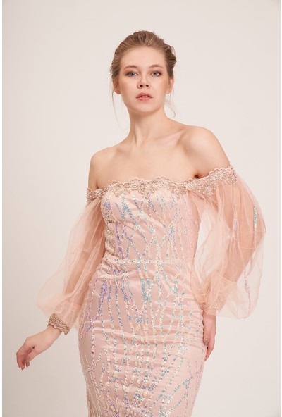 La Vita E Bella Somon Janjan Payet Balon Kol Aplik Aksesuarlı Uzun Abiye 3263 La Vita E Bella Somon Janjan Payet Balon Kol Aplik Aksesuarlı Uzun Abiye 3263