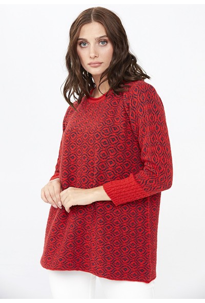 Desen Triko Kadın Kol Ağzı Saç Örgülü Iki Renk Yan Örgü Kazak Mercan