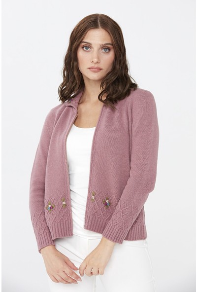 Desen Triko Kadın Eteği Işlemeli Fermuarlı Hırka Y.g.kurusu