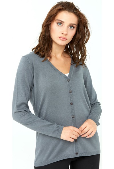 Desen Triko Kadın Likralı Basic Uzun Kollu V Yaka Hırka Gri Desen Triko Kadın Likralı Basic Uzun Kollu V Yaka Hırka Gri