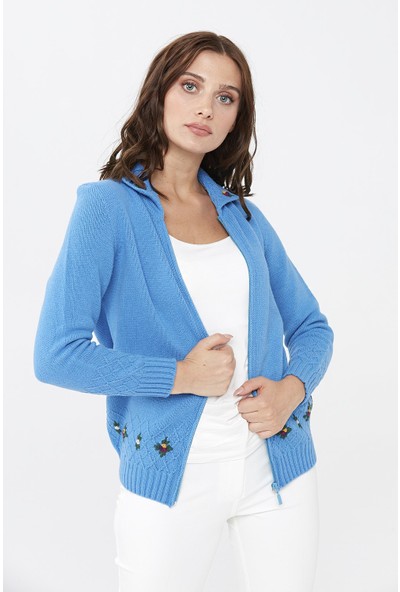 Desen Triko Kadın Eteği Işlemeli Fermuarlı Hırka B.mavi