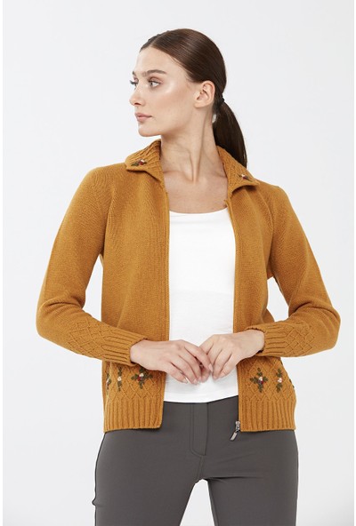 Desen Triko Kadın Eteği Işlemeli Fermuarlı Hırka Hardal