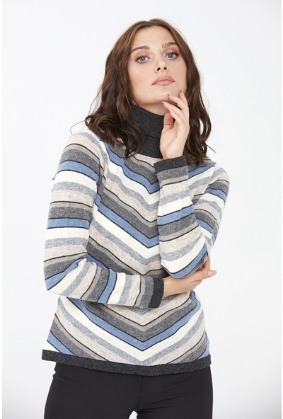 Desen Triko Kadın Çizgili Tam Balıkçı Kazak Koyu Füme