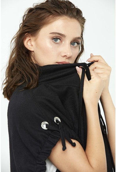 Desen Triko Kadın Kolları Lastikli Yelek Siyah