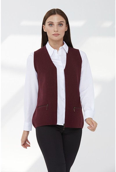 Desen Triko Kadın Çelik Örgü Cebi Fermuarlı Düz Triko Yelek Bordo Desen Triko Kadın Çelik Örgü Cebi Fermuarlı Düz Triko Yelek Bordo