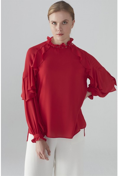 Zühre Fırfır Detaylı Volanlı Kırmızı Bluz B-0051