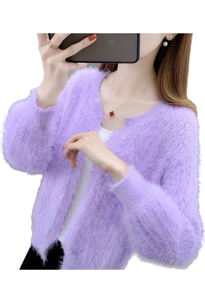 Gogoo Günlük Kısa V Yaka Uzun Kollu İnce Kazak Kadın Mor (Yurt Dışından)