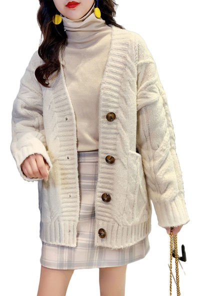 Gogoo Kadınlar İçin Büyük Boy Koyun Kaşmir Büküm Örme Hırka-Bej (Yurt Dışından)