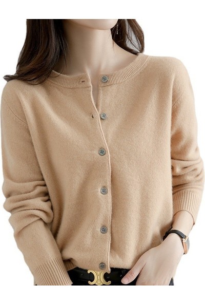 Gogoo Kadın Yün Hırka Yuvarlak Boyun Kısa Düz Renk-Haki (Yurt Dışından)