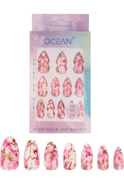 Ocean Badem Batik Desenli Ebruli Tak ve Çık Takma Tırnak Ocean Badem Batik Desenli Ebruli Tak ve Çık Takma Tırnak
