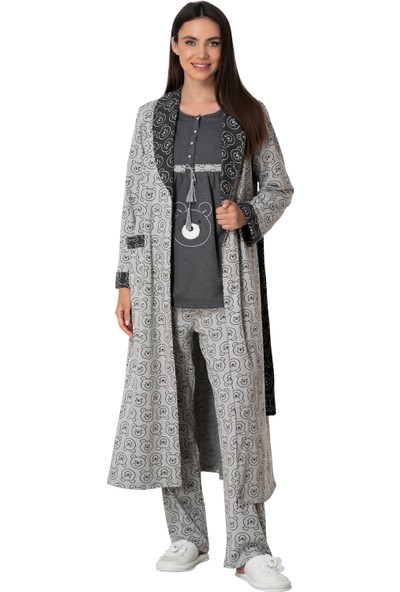 Mecit Pijama Mecit 5551 Gri Sabahlıklı Lohusa Pijama Takımı