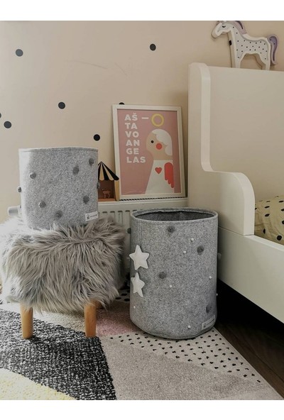 Woll Tasarım Sevimli 2'li Ponpon Detaylı Bebek ve Çocuk Odası Çamaşır ve Oyuncak Sepeti 40 x 50 cm / 30 x 35 cm