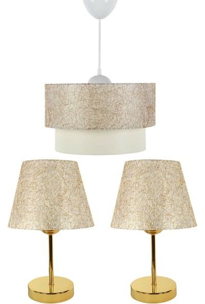 Evlight 3'lü Set Avize ve Komodin Üstü Abajur Altın Ipli