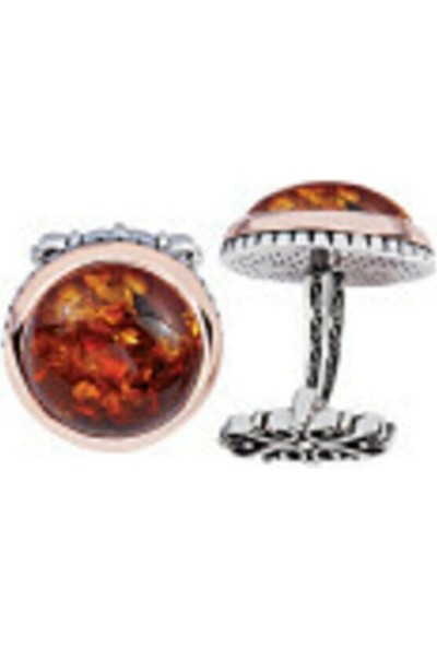 Elmina Gümüş 925 Ayar Gümüş Gümüş Sıkma Kehribar Taşlı Yuvarlak Model Kol Düğmesi