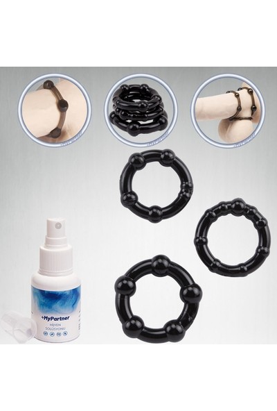 Partner Boğumlu Siyah 3'lü Penis Halkası+Temizleme Solüsyonu Partner Boğumlu Siyah 3'lü Penis Halkası+Temizleme Solüsyonu