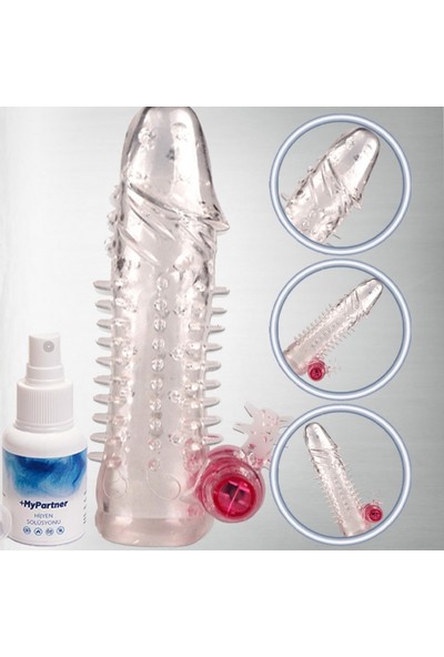 Partner Klitorel Uyarıcılı Tırtıklı Titreşimli Prezervatif Penis Kılıfı+Temizleme Solüsyonu