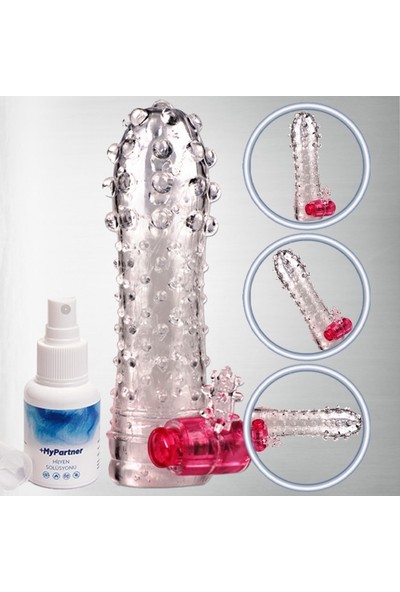 Partner Klitorel Uyarıcılı Boncuk Titreşimli Prezervatif Penis Kılıfı+Temizleme Solüsyonu