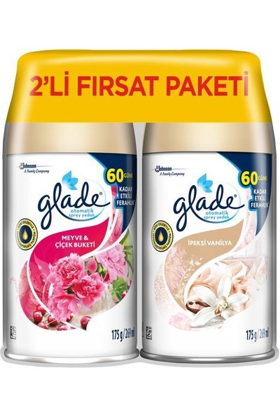 Glade Oda Kokusu, Otomatik Sprey Yedek, 2'li Paket, Ipeksi Vanilya, Meyve ve Çiçek Buketi, 269ML (2 Yedek) Glade Oda Kokusu, Otomatik Sprey Yedek, 2'li Paket, Ipeksi Vanilya, Meyve ve Çiçek Buketi, 269ML (2 Yedek)