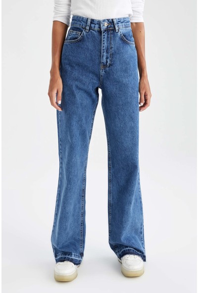 DeFacto Geniş Paça Palazzo Yüksek Bel Yıkamalı Jean Pantolon V5000AZ21AU