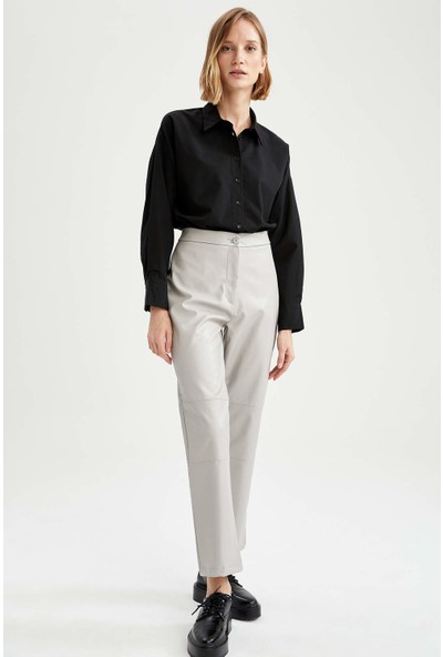 DeFacto Suni Deri Dikiş Detaylı Yüksek Bel Pantolon V6222Az21Au