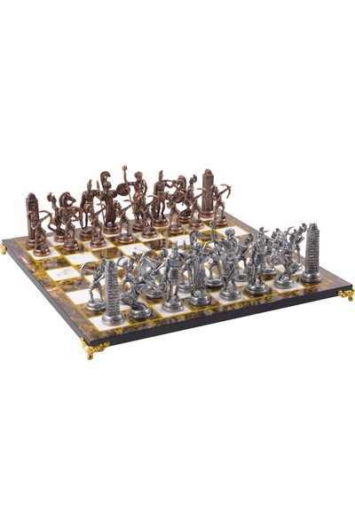 Elifeshop Esrmoka5 Metal Döküm Bronz Satranç Takımı Roma Okçuları & Özel Ayaklı Kehribar Mermer Desenli Tahta