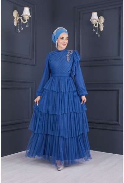 Moda Echer Güpürlü Kat Kat Etekli Tül Tesettür Abiye Elbise 7666