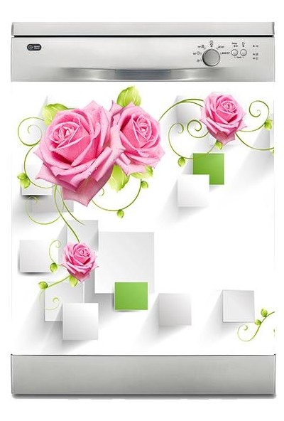 Sticker Art Bulaşık Makinesi Sticker Kaplama Beyaz Eşya Kaplama Pembe Gül Yeşil