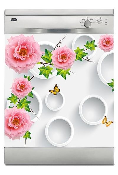 Sticker Art Bulaşık Makinesi Sticker Kaplama Beyaz Eşya Kaplama 3D Pembe Gül Çiçek