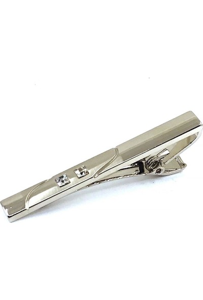 Kravatkolik Gümüş Renk İki Beyaz Taşlı Kravat İğnesi