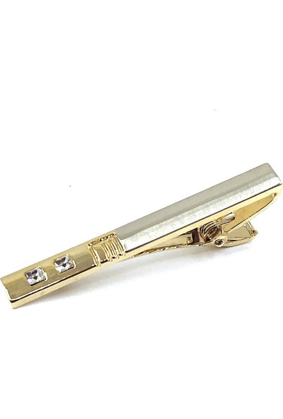 Kravatkolik Gold Renk Mat Gri İki Beyaz Taşlı Kravat İğnesi