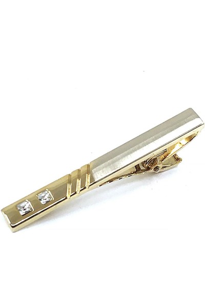 Kravatkolik Gold Renk Mat Gri İki Çizgi Beyaz Taşlı Kravat İğnesi