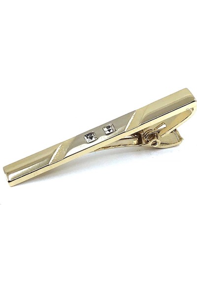 Kravatkolik Gold Renk Yol Desen Beyaz Taşlı Kravat İğnesi