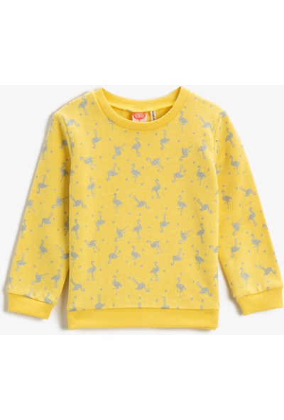 Koton Kids Baskili Sweatshirt Pamuklu Bisiklet Yaka Uzun Kol
