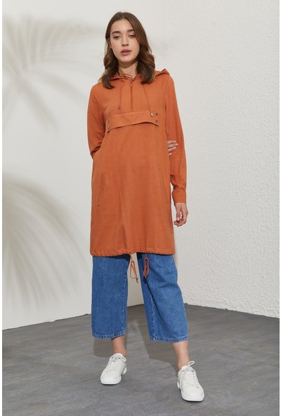 Nihan Kapşonlu Fermuar Detaylı Keten Tunik Kiremit - D5315 Nihan Kapşonlu Fermuar Detaylı Keten Tunik Kiremit - D5315