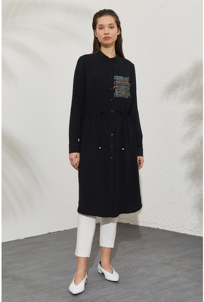 Nihan Beli Kanal Büzgülü Cep Nakışlı Tunik Siyah - D4242