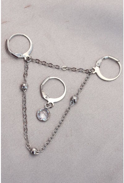 Moco Zincir Tasarımlı Zirkon Taşlı Gümüş Metal Küpe Seti Moco Zincir Tasarımlı Zirkon Taşlı Gümüş Metal Küpe Seti