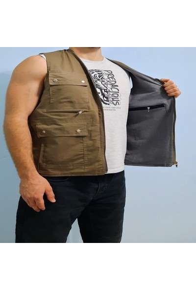 Modası Çok Cepli Pamuk Keten Avcı Yelek