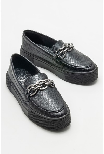 Elle Shoes Siyah Deri Kadın Loafer