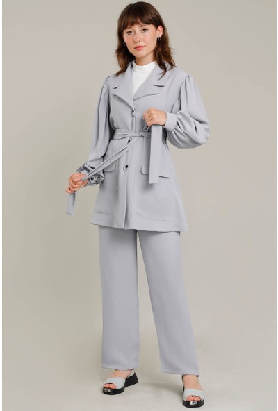 Zülays Balon Kol Ceket Pantolon Takım Gümüş
