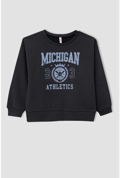 DeFacto Kız Çocuk Regular Fit Bisiklet Yaka Baskılı İçi Yumuşak Tüylü Sweatshirt V4287A621Au