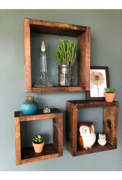 Talas Tozu Ahşap Masif Dekoratif 3'lü Kare Duvar Rafı