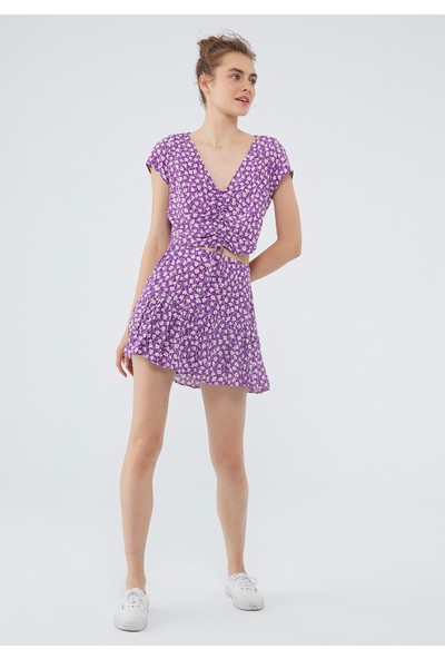 Mavi Kadın Papatya Baskılı Mor Şort 1460535034