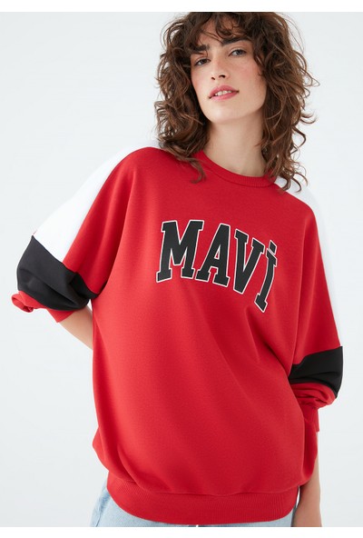 Mavi Logo Baskılı Kırmızı Sweatshirt